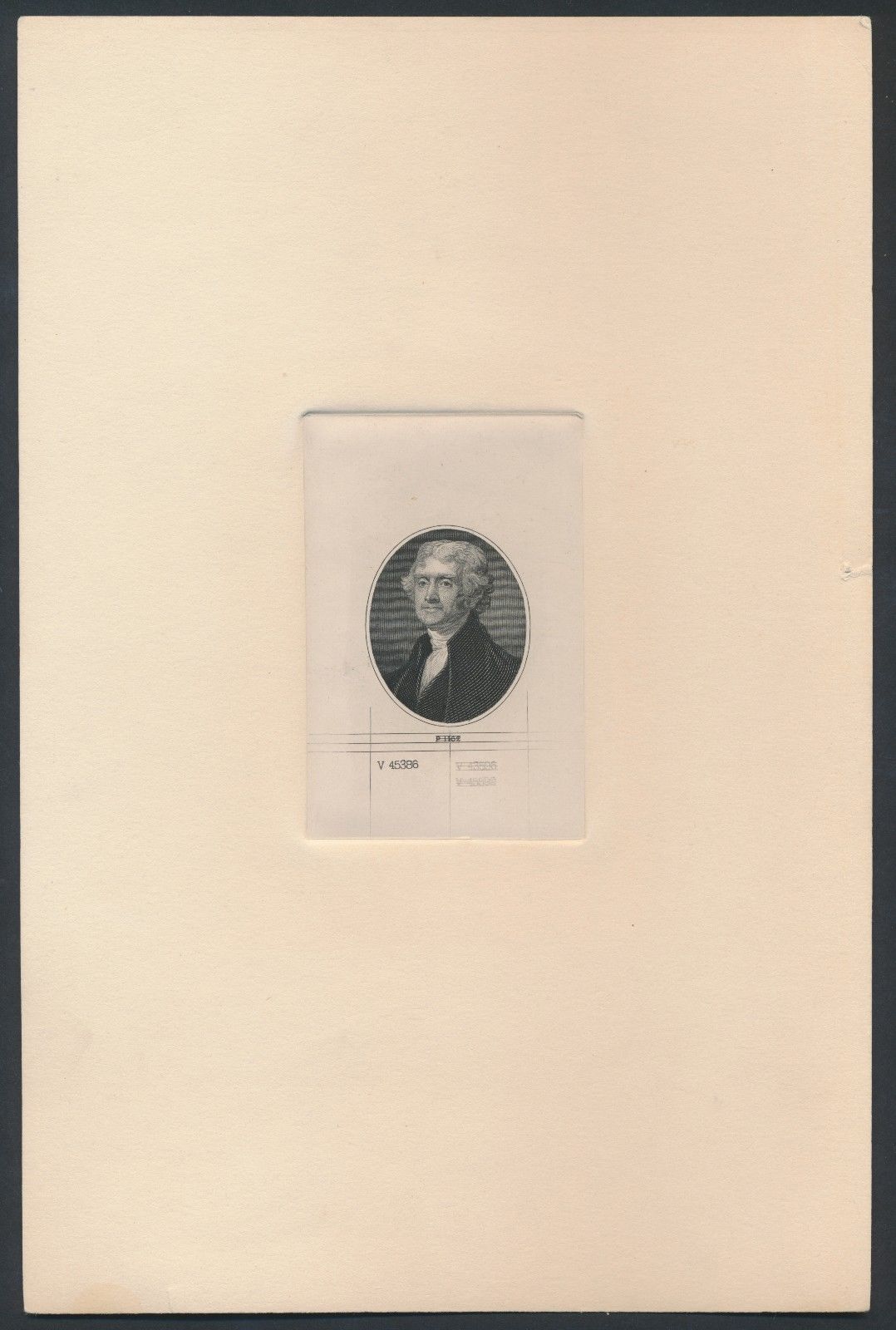 THOMAS JEFFERSON ABNCo. ENGRAVED DIE PROOF W/ PLATE NO. V - 45386 BR935 ...