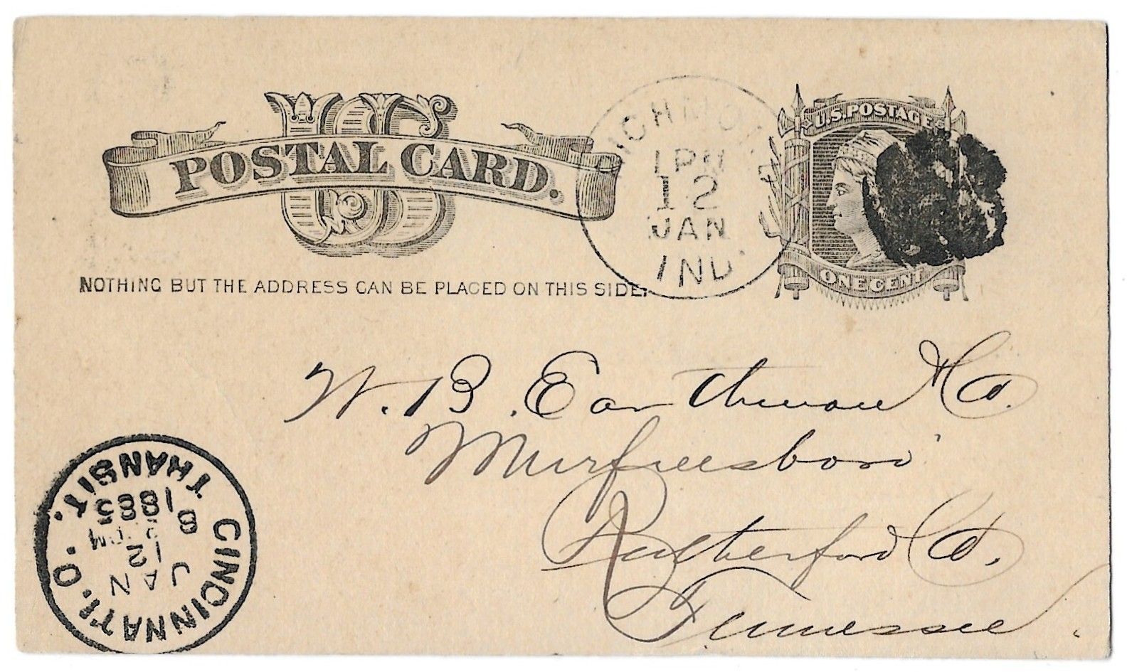 Richmond, Indiana to Tennessee 1885 Postal Card, Scott UX7, Fancy ...