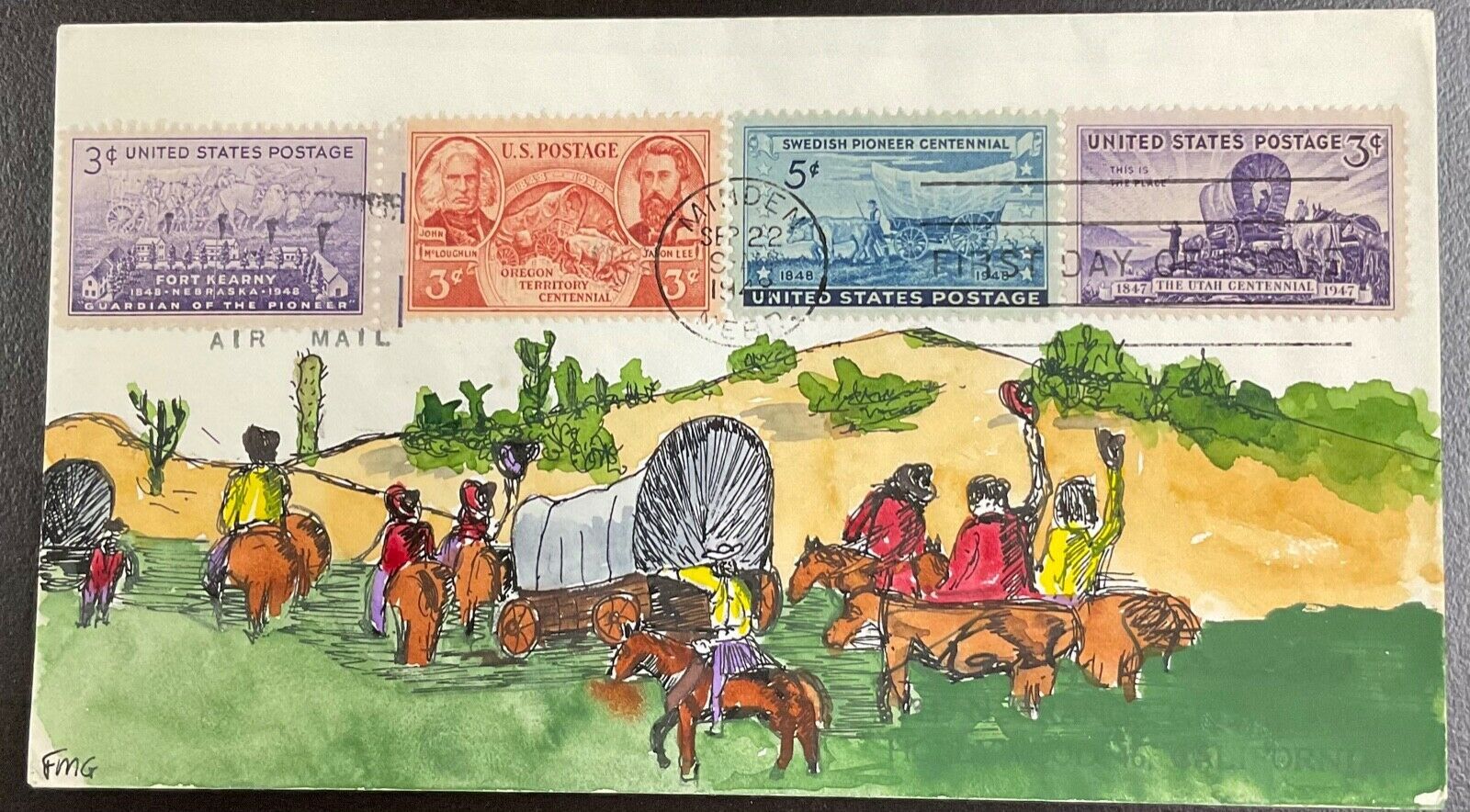970 Frans Geerlings Hand Painted Cachet Pioneers-Fort Kearney FDC 1948 ...