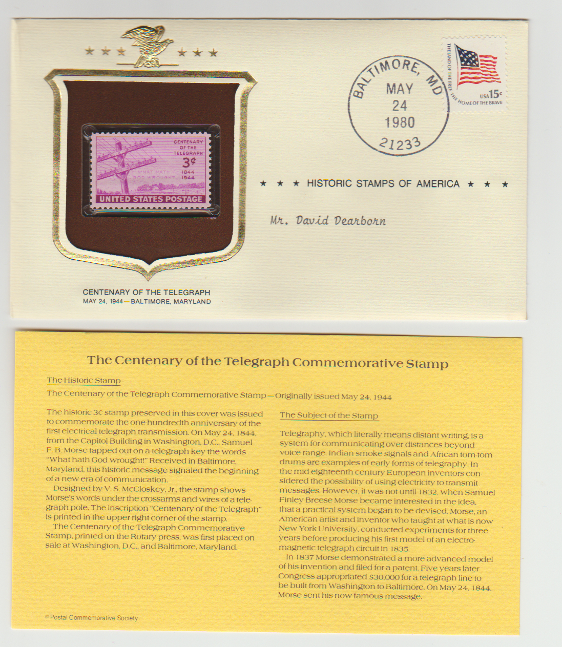 924 Telegraph Centenary w/ Historic Stamps of America Commemorative ...
