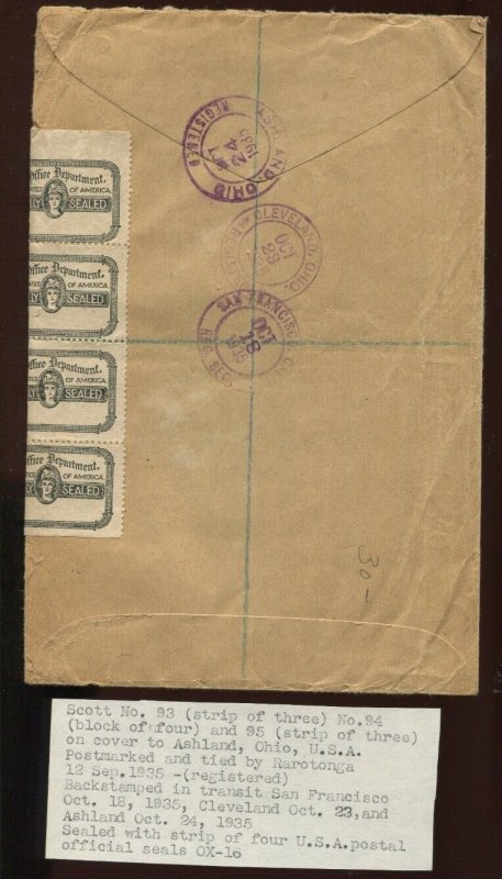 OX21 Post Office Seals on 1935 Busy Registered Cover Cook Islands to ...
