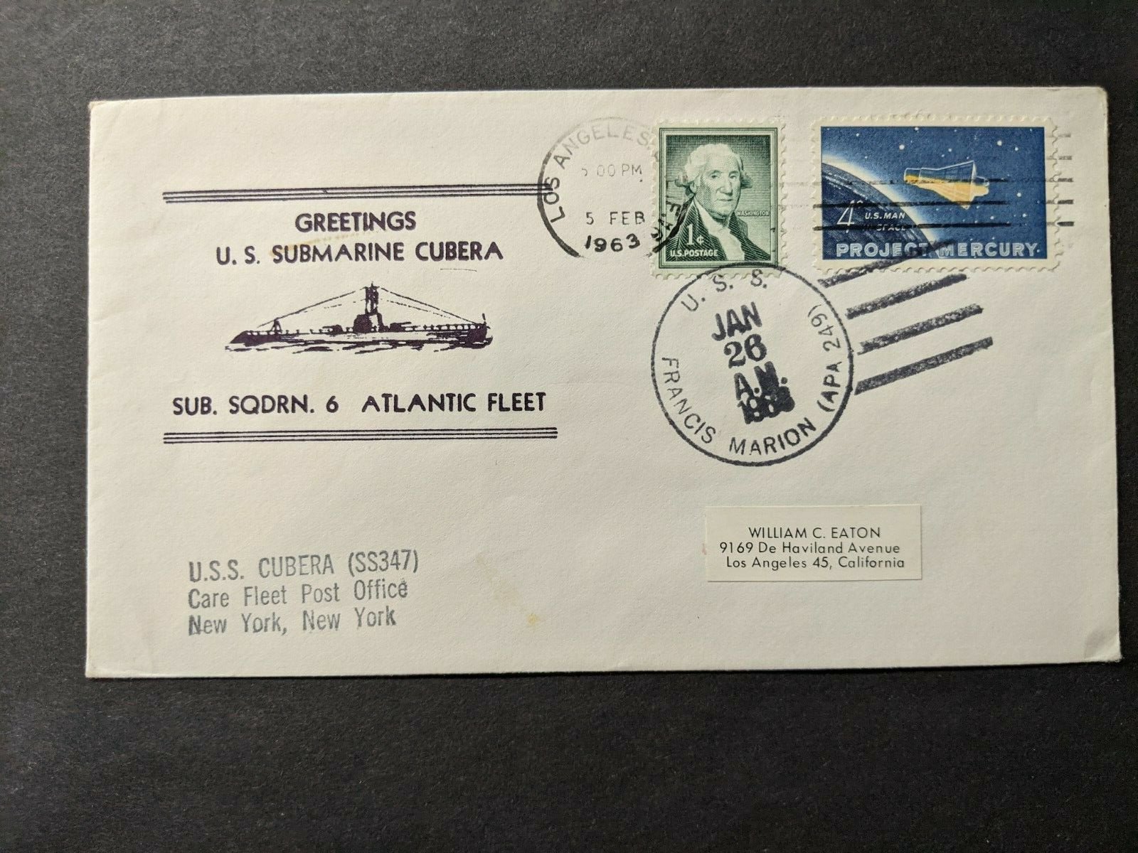Submarine USS CUBERA SS-347 Naval Cover 1963 Cachet USS FRANCIS MARION ...