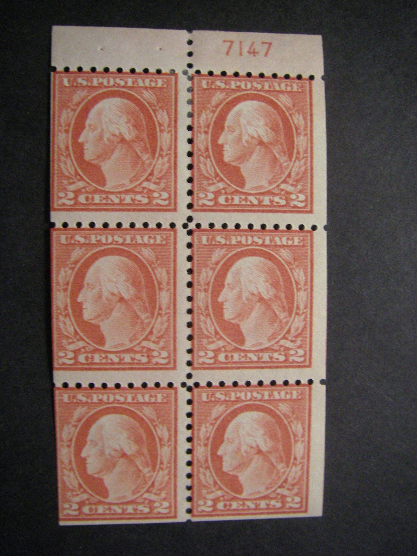Scott 425e, 2c Washington, pane of 6 with Plate #7147, hinged early ...