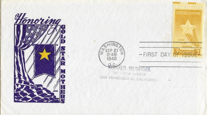 1948 FDC, #969, 3c Gold Star Mothers, Ioor | United States, General ...