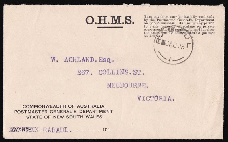 NEW GUINEA NWPI 1918 OHMS PO NSW envelope to Australia | Australia ...