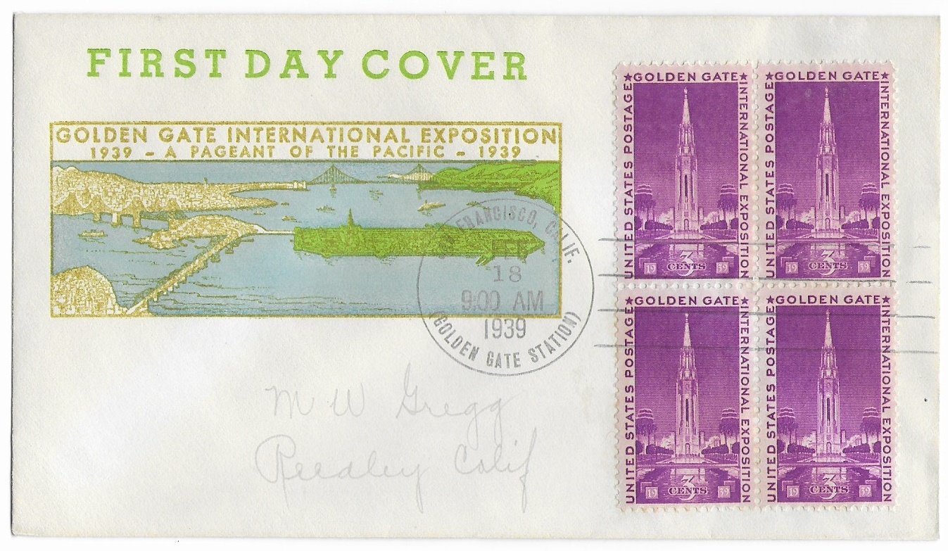 1939 FDC, #852, 3c Golden Gate International Expo, M. WE. Gregg, block ...