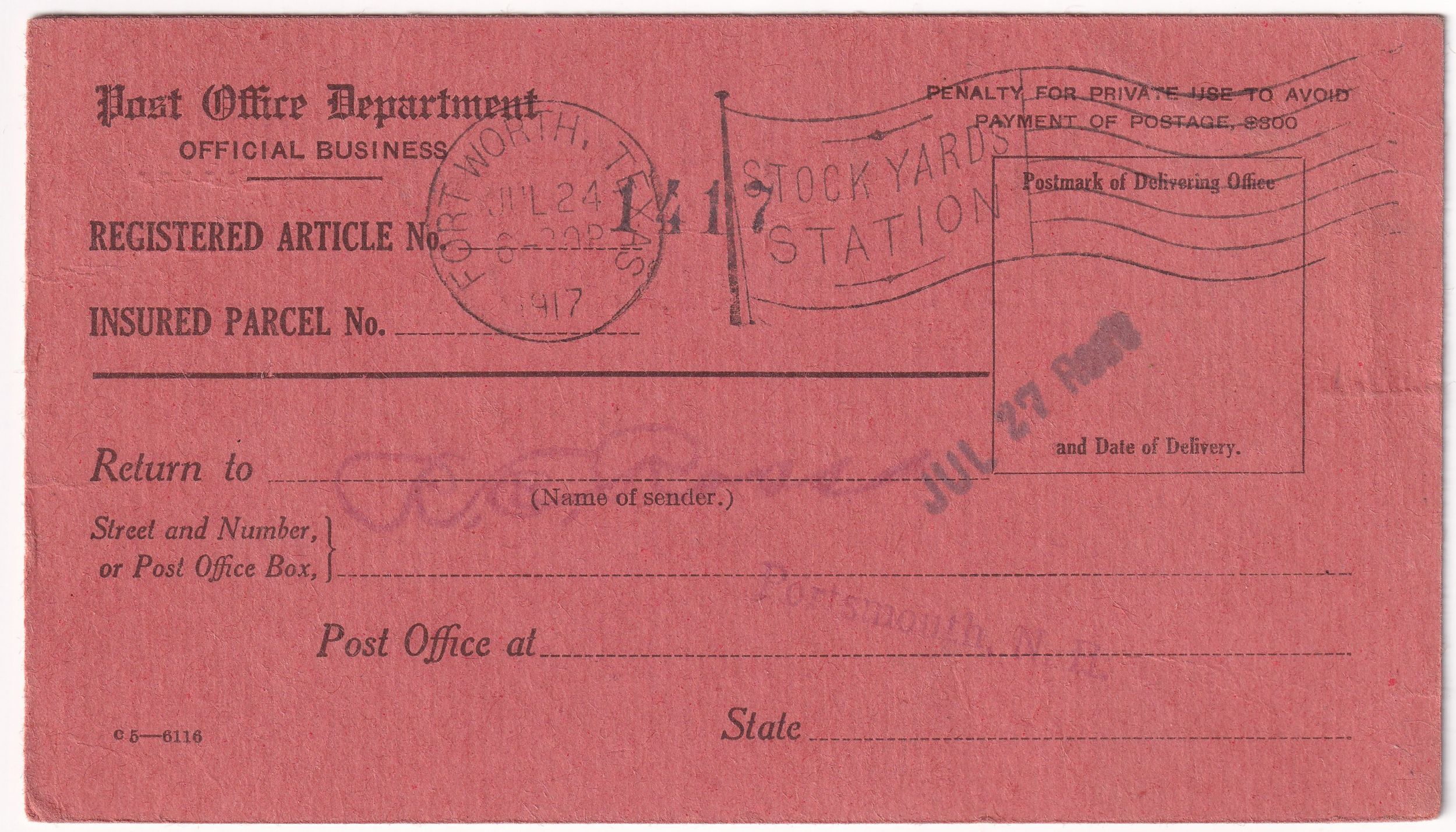 1917 U.S. PO Department Return Receipt – Stock Yards Station, Fort ...