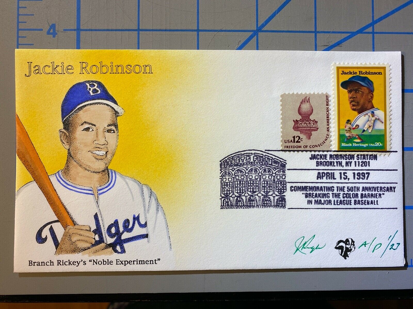 Jackie Robinson Baseball 50th Anniversary Hand Painted Pugh cachet ...