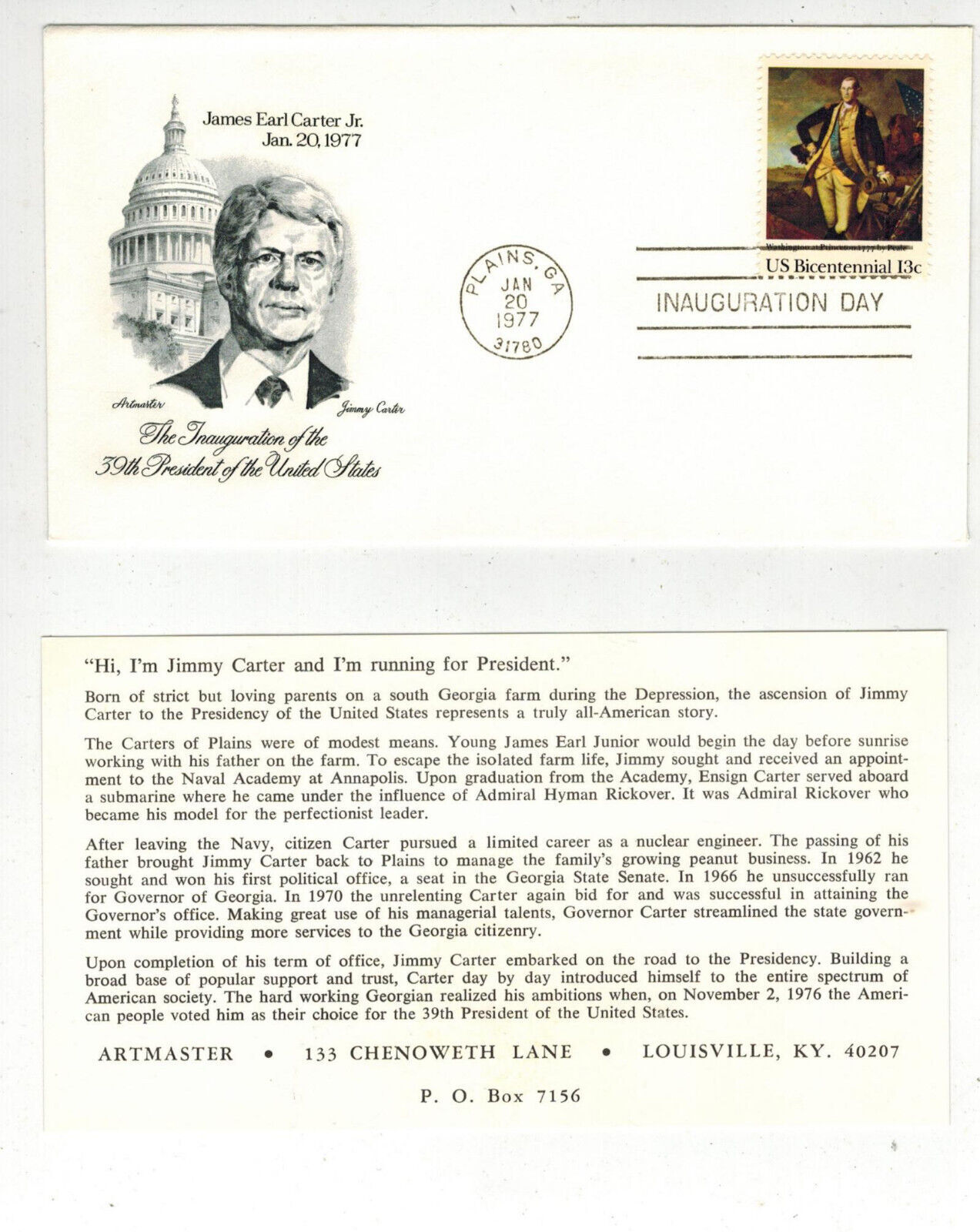 Jimmy Carter President 1977 Inauguration DAY Jec-8 & Text Card Plains ...