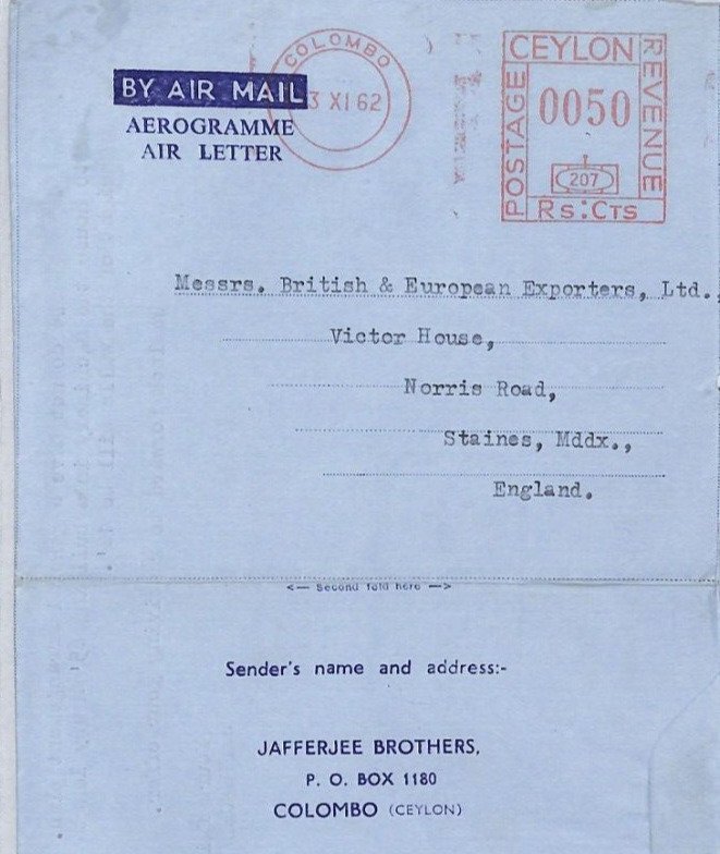 CEYLON Private AIR LETTER Colombo *JAFFERJEE BROS* Cover 1962 Meter ...