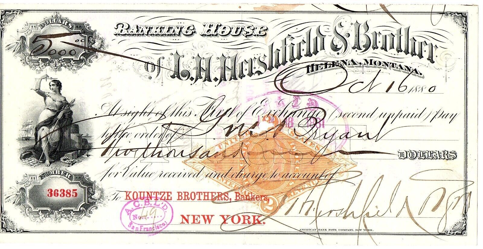 1880 $5,000 Check, Banking House of L.H. Hershfield & Brother, Helena ...