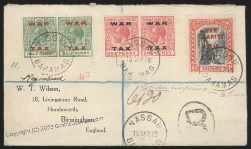 British 1919 Bahamas War Tax WWI Cover Registered Birmingham England ...