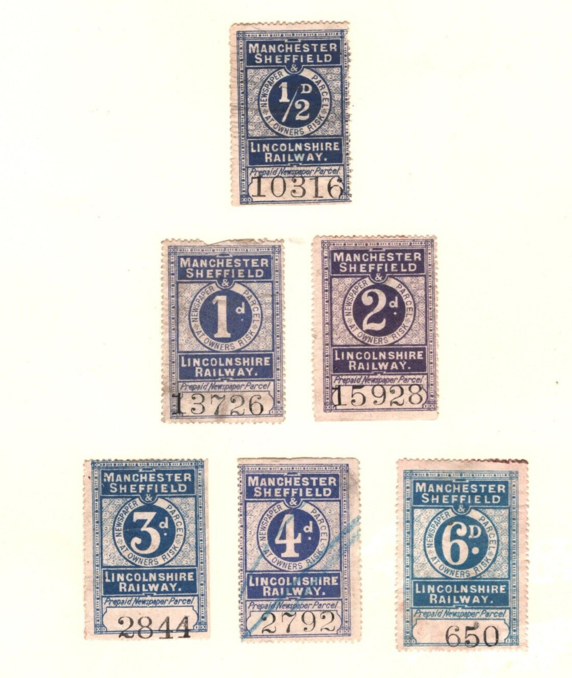 GB MS&LR RAILWAY ½d-6d Newspaper Parcel Stamps {6} Manchester Sheffield ...