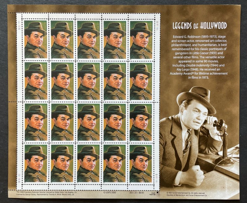 Scott 3446 EDWARD G. ROBINSON Sheet of 20 US 33¢ Stamps 2000 NH ...