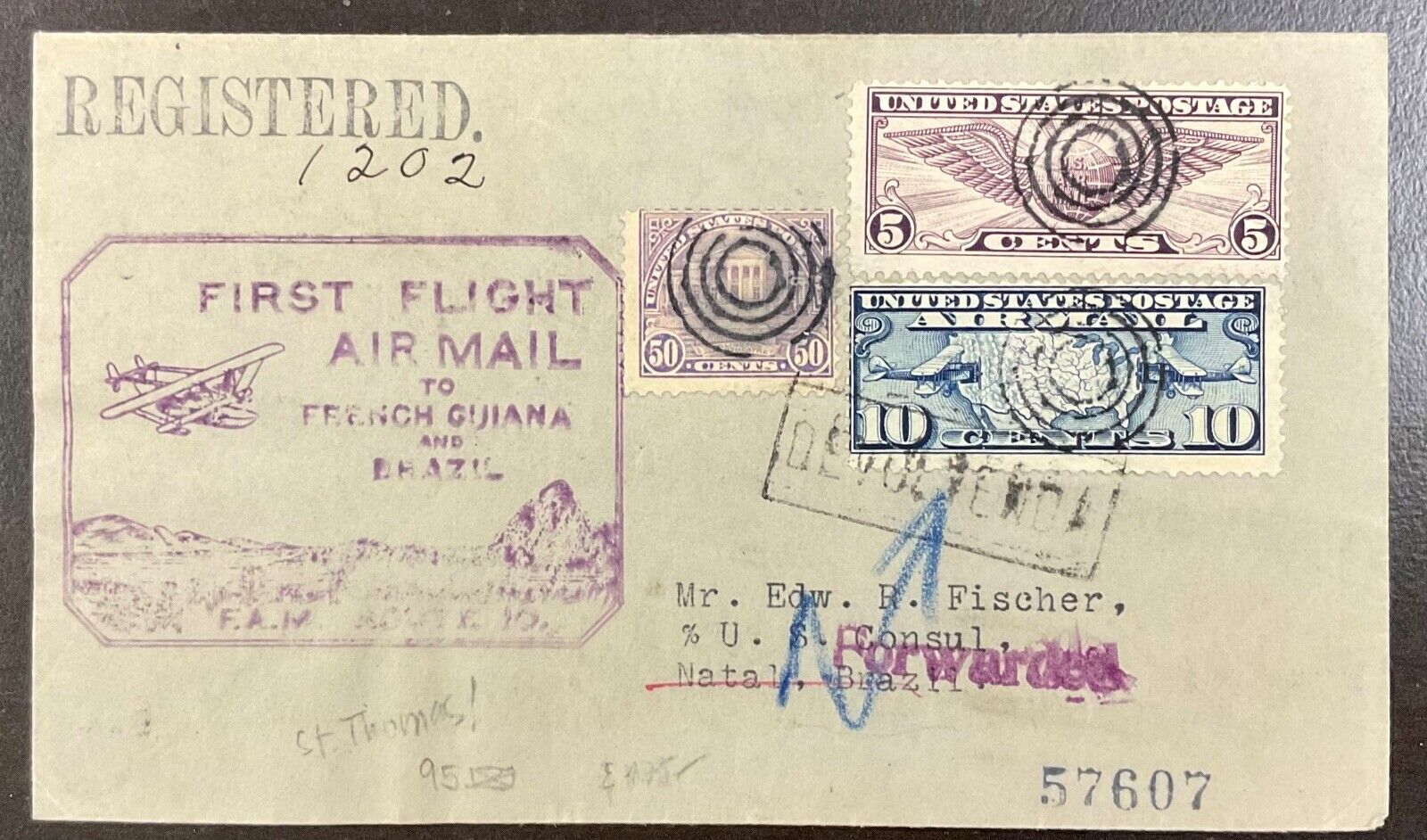 1930 Flight Cover 1st Flight Air Mail French Guiana/Brazil Forwarded ...