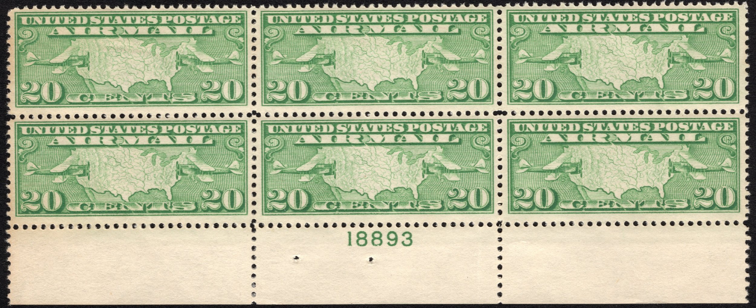 MNH 1927 Mail Planes Over the U.S.A. PNB of Six Stamps, Scott #C9 ...