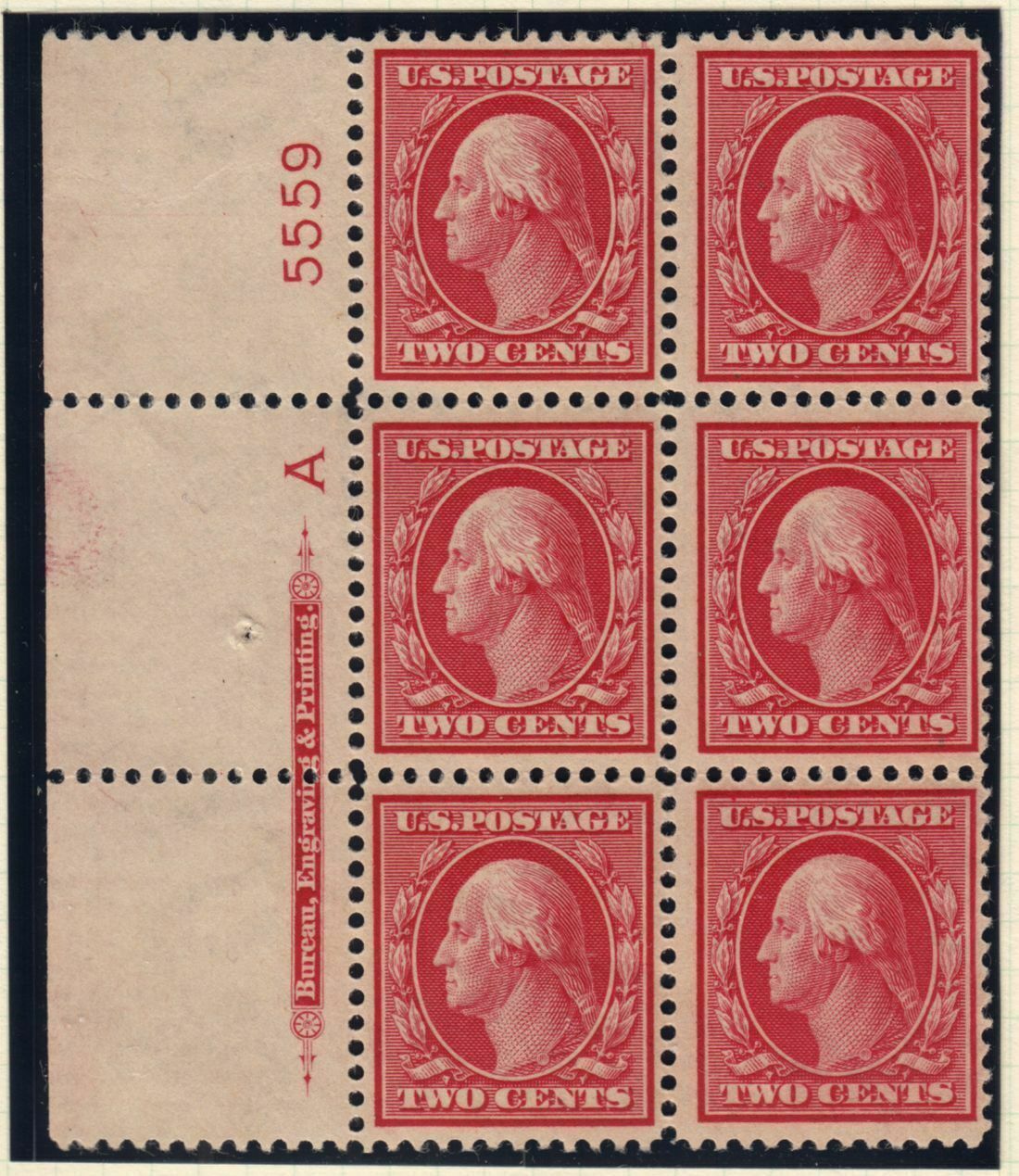 1910 Sc 375 MNH nice full original gum, FVF+ plate block 5559L with "A ...