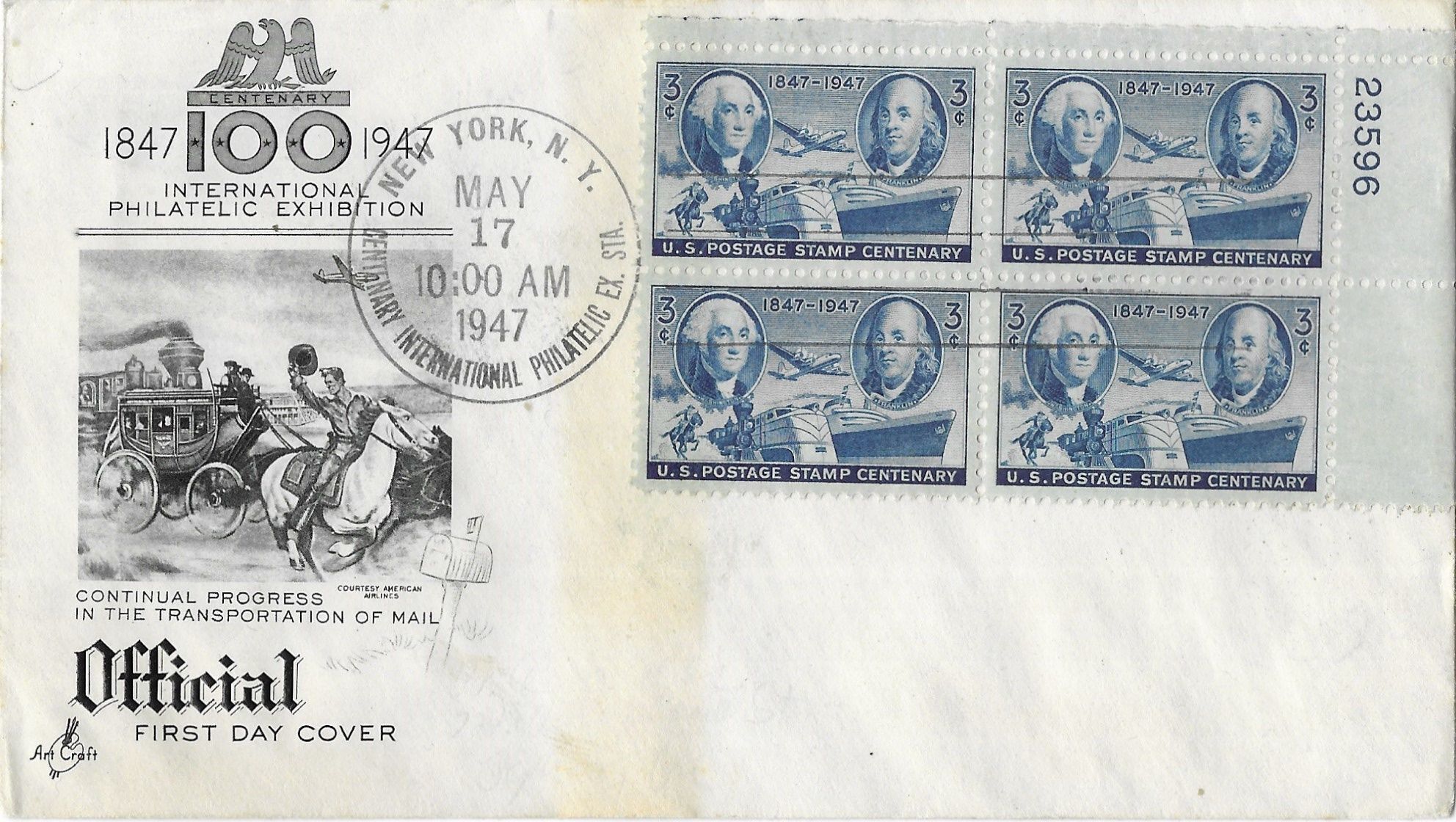1947 FDC, #947, 3c Stamp Centenary, Art Craft M-24, plate block of 4 ...