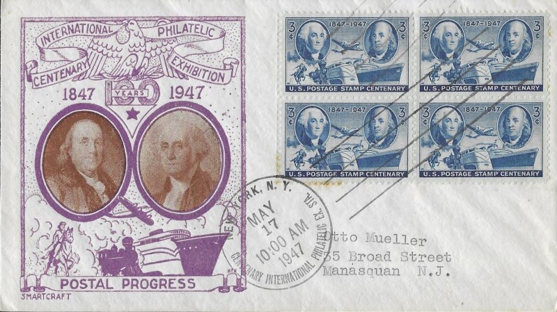 1947 FDC, #947, 3c Stamp Centenary, Smartcraft, single/block of 4 ...
