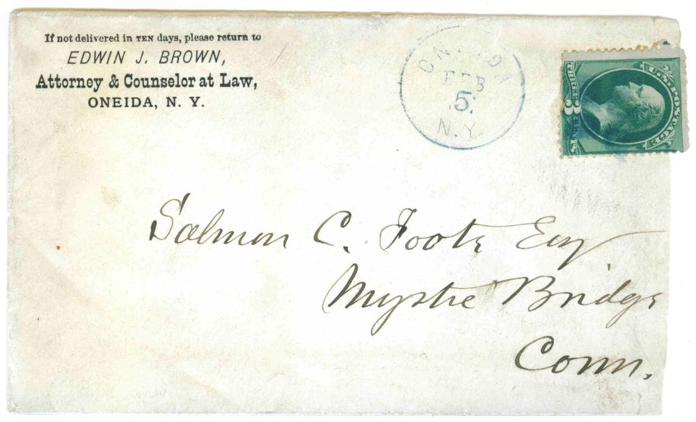 Oneida, New York to Mystic Bridge, Connecticut, Corner Card, Blue Date ...