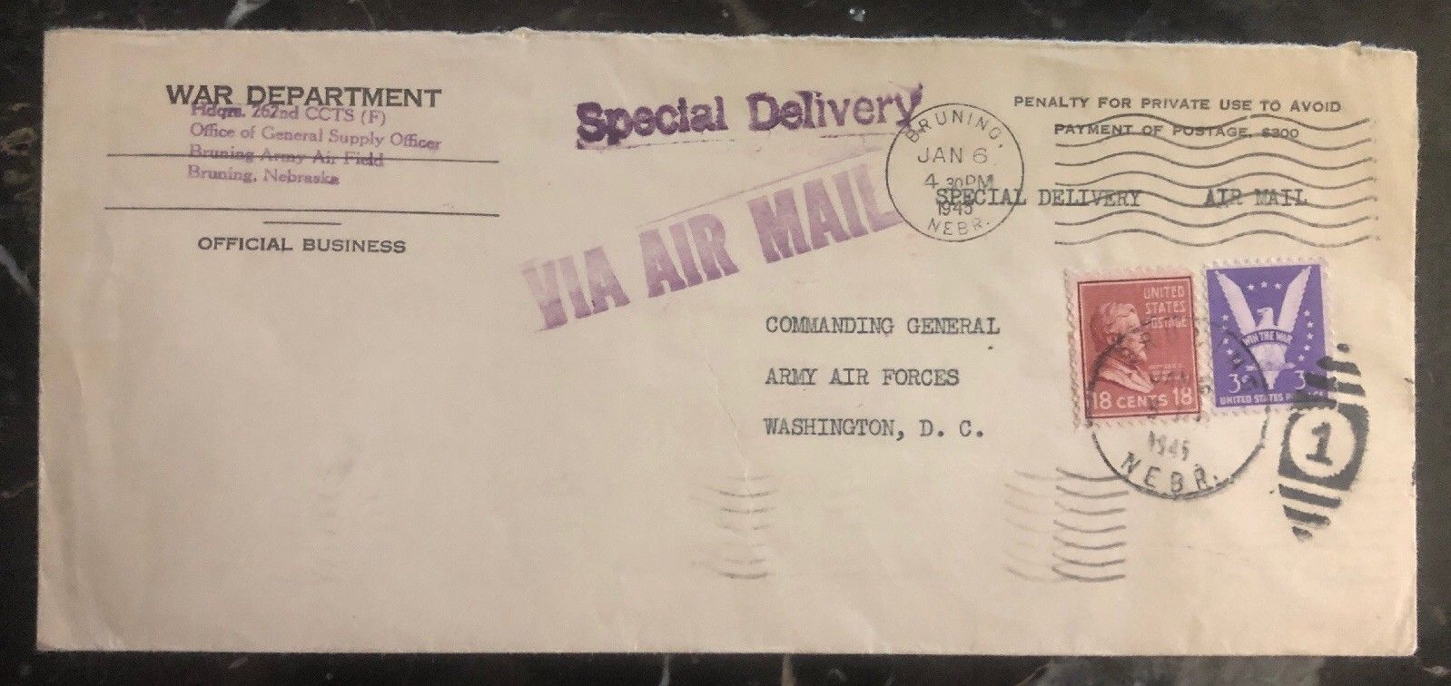 1945 Bruning NE USA Cover To Washington DC Pentagon Clock Cancel War ...
