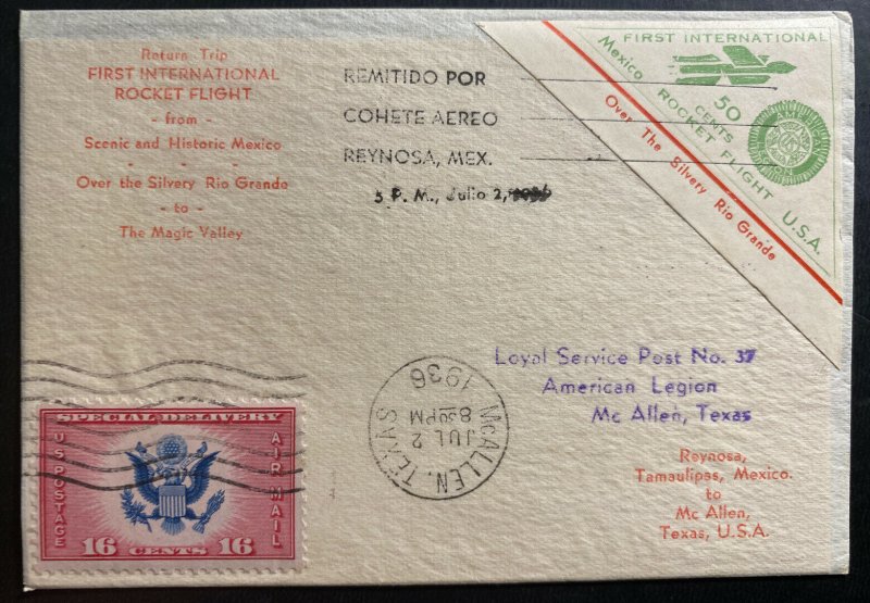 1936 Reynosa Mexico First Rocket Int Flight Mail cover FFC To McAllen ...