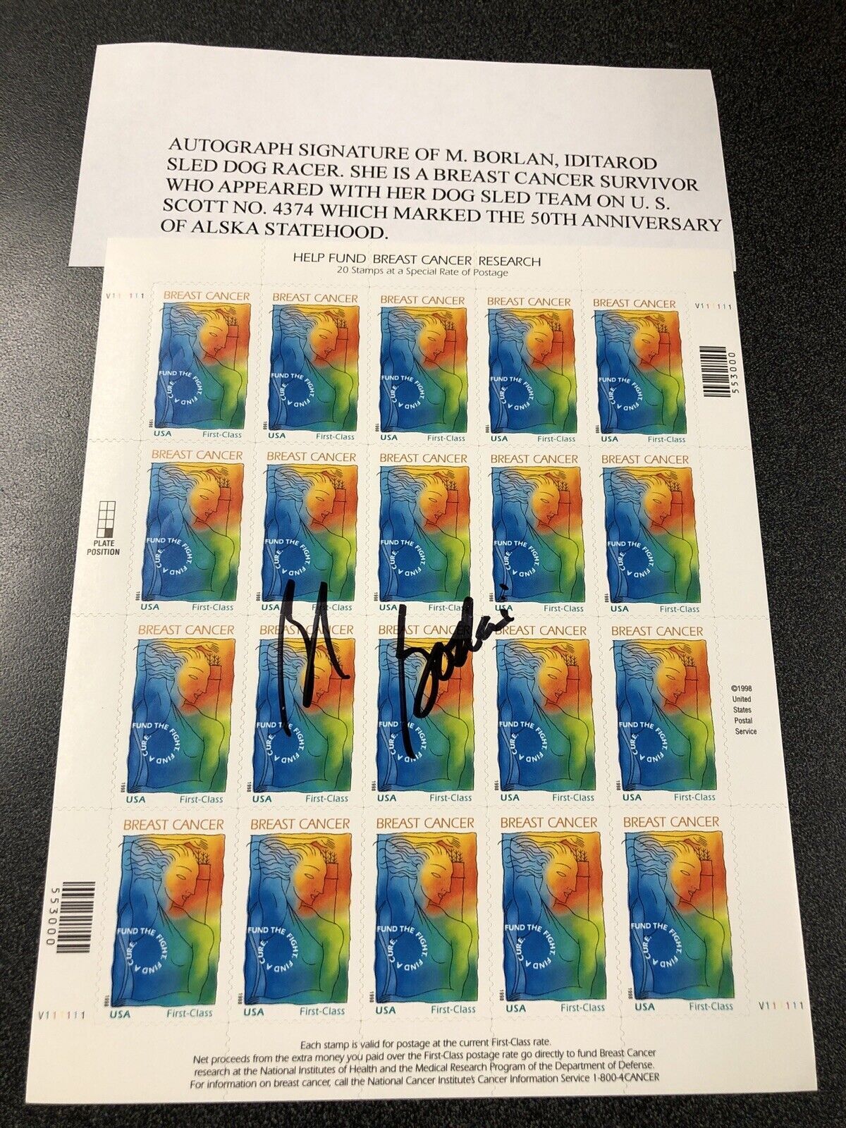 US Breast Cancel Sheet Of 20 Stamps with Autograph Signature Of M ...