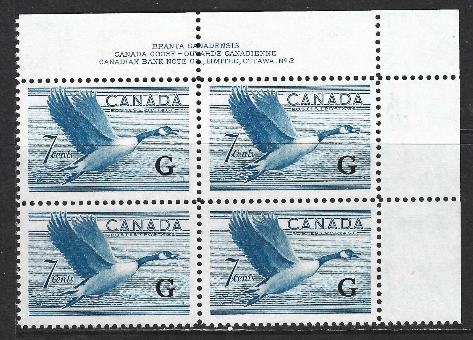 Canada - #O31 - 7c Canada Goose G Overprint UR Plate #2 Block MNH ...