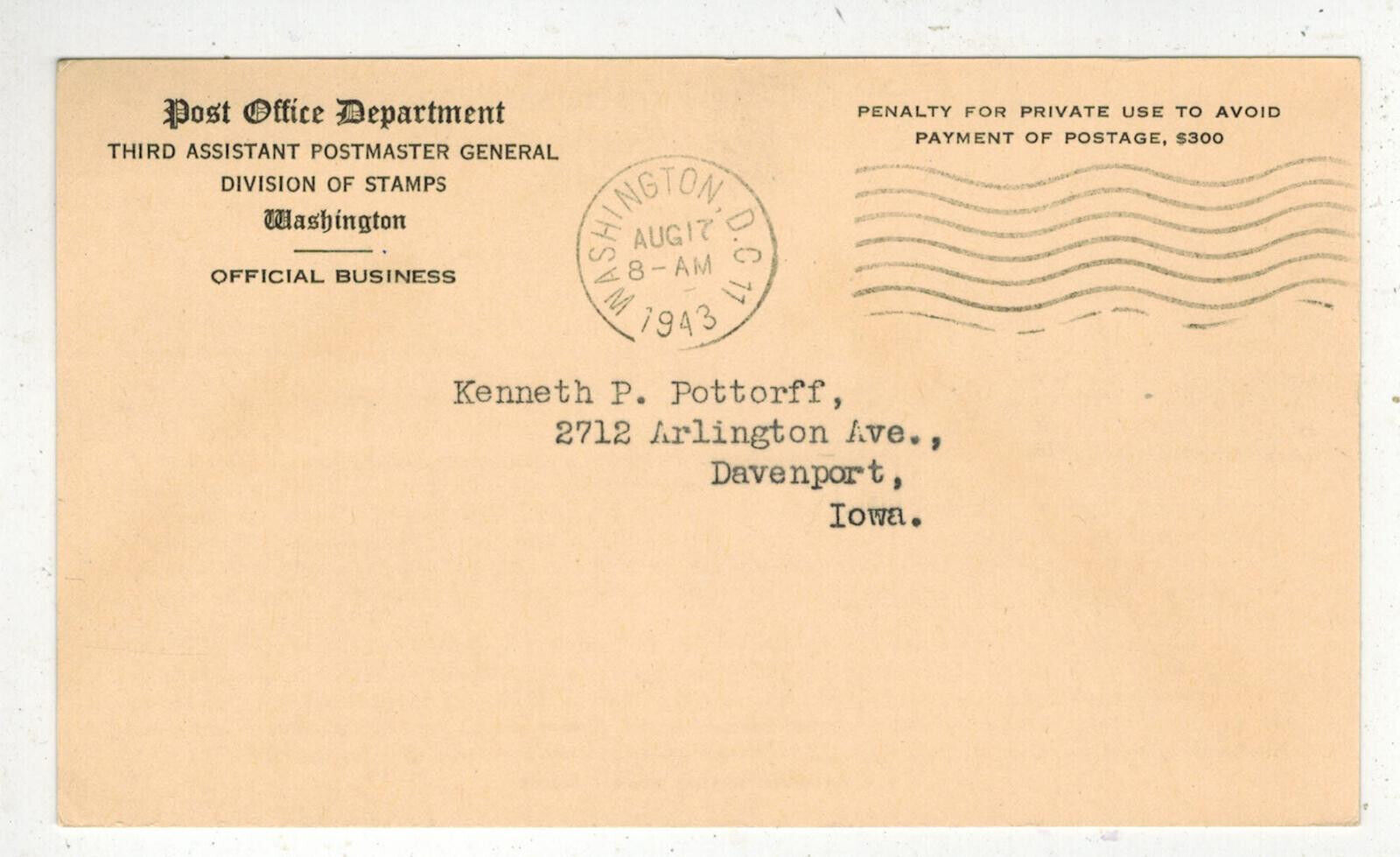 WW2 Patriotic 1943 3rd Asst. PMG Uspod Stamp Announcement Card 914 ...