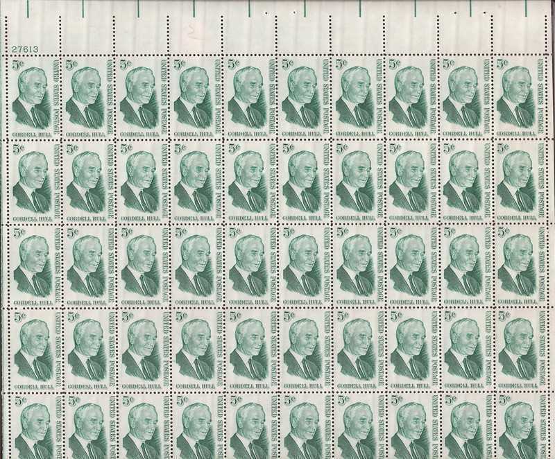 US Stamp - 1963 Politician Cordell Hull - 50 Stamp Sheet - Scott #1235 ...