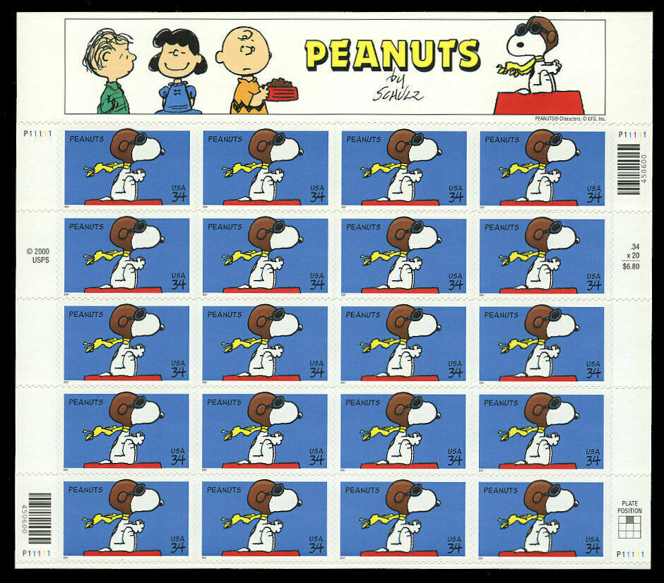 2001 34c "Peanuts" Snoopy World War I Flying Ace Scott 3507 Mint Sheet ...