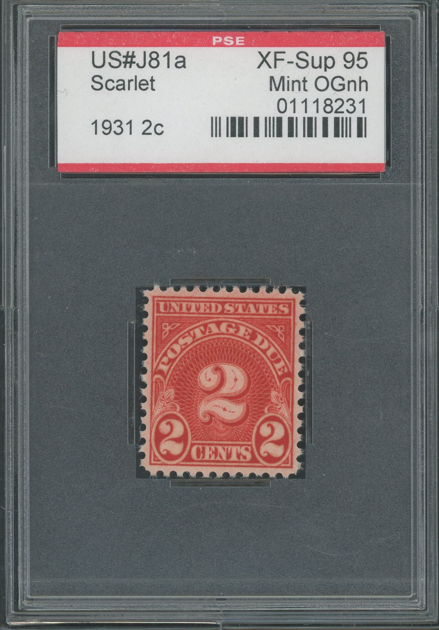 USA J81a - 2 cent Scarlet Wet Printing - PSE Graded Slab: XF/Sup 95 ...