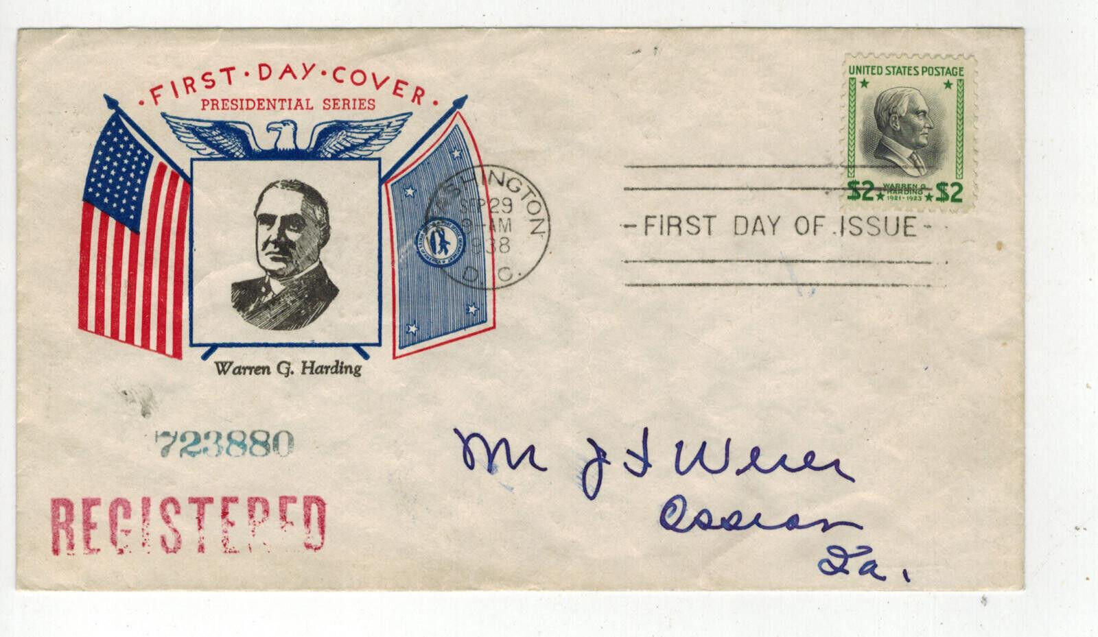 1938 High Value President $2 Warren Harding 832-5 Registered First DAY ...