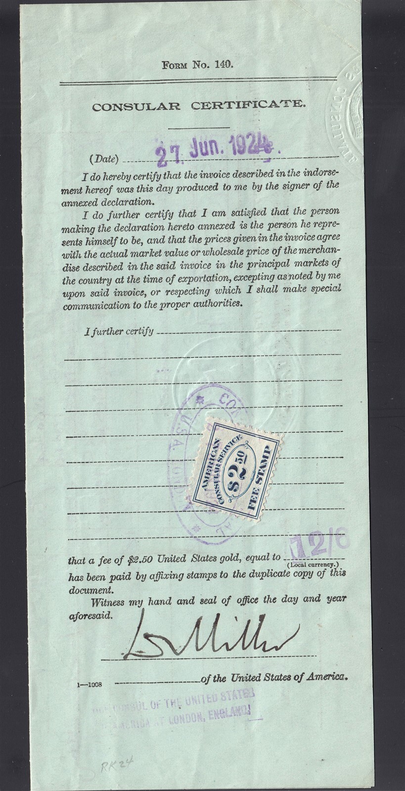 REVENUE: Consular Fee: #RK24 $2.50 ON DOCUMENT | United States ...