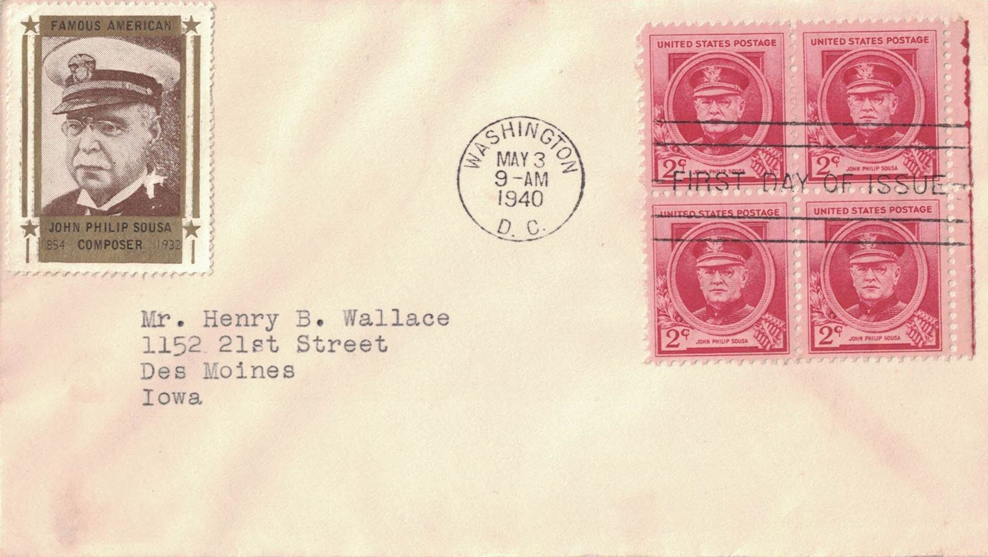 1940 FDC, #880, 2c John Philip Sousa, sticker cachet, block of 4 ...
