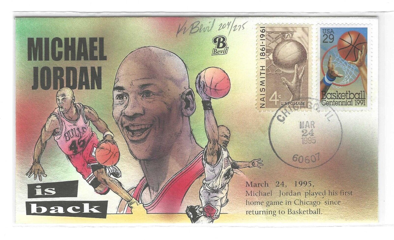 US 1995 Michael Jordan Hand Coldred Cachet Signed by the Artist "Kendal ...