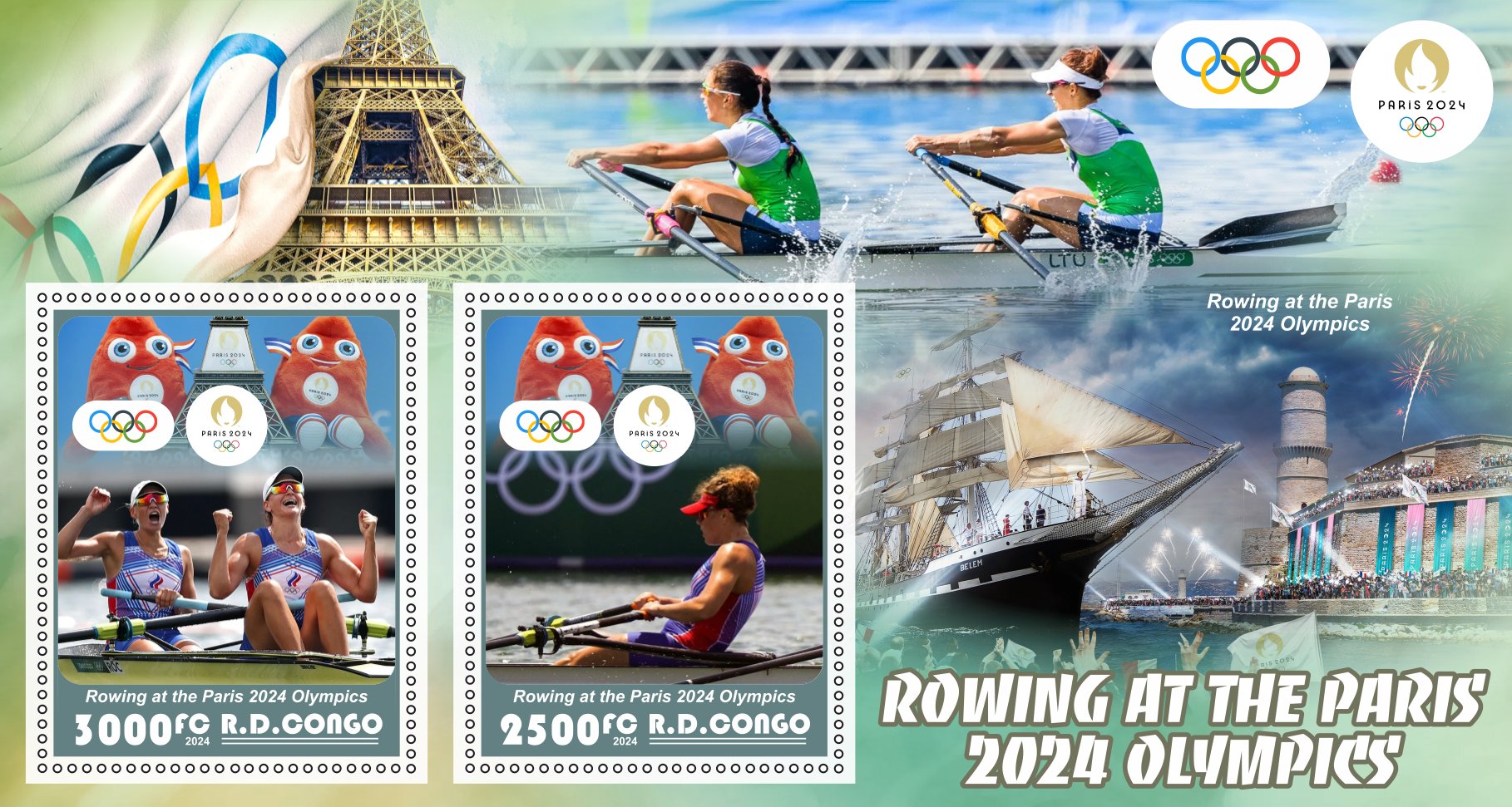 Stamps. Olympic Games 2024 in Paris, Rowing 2024 year 1+1 sheet ...