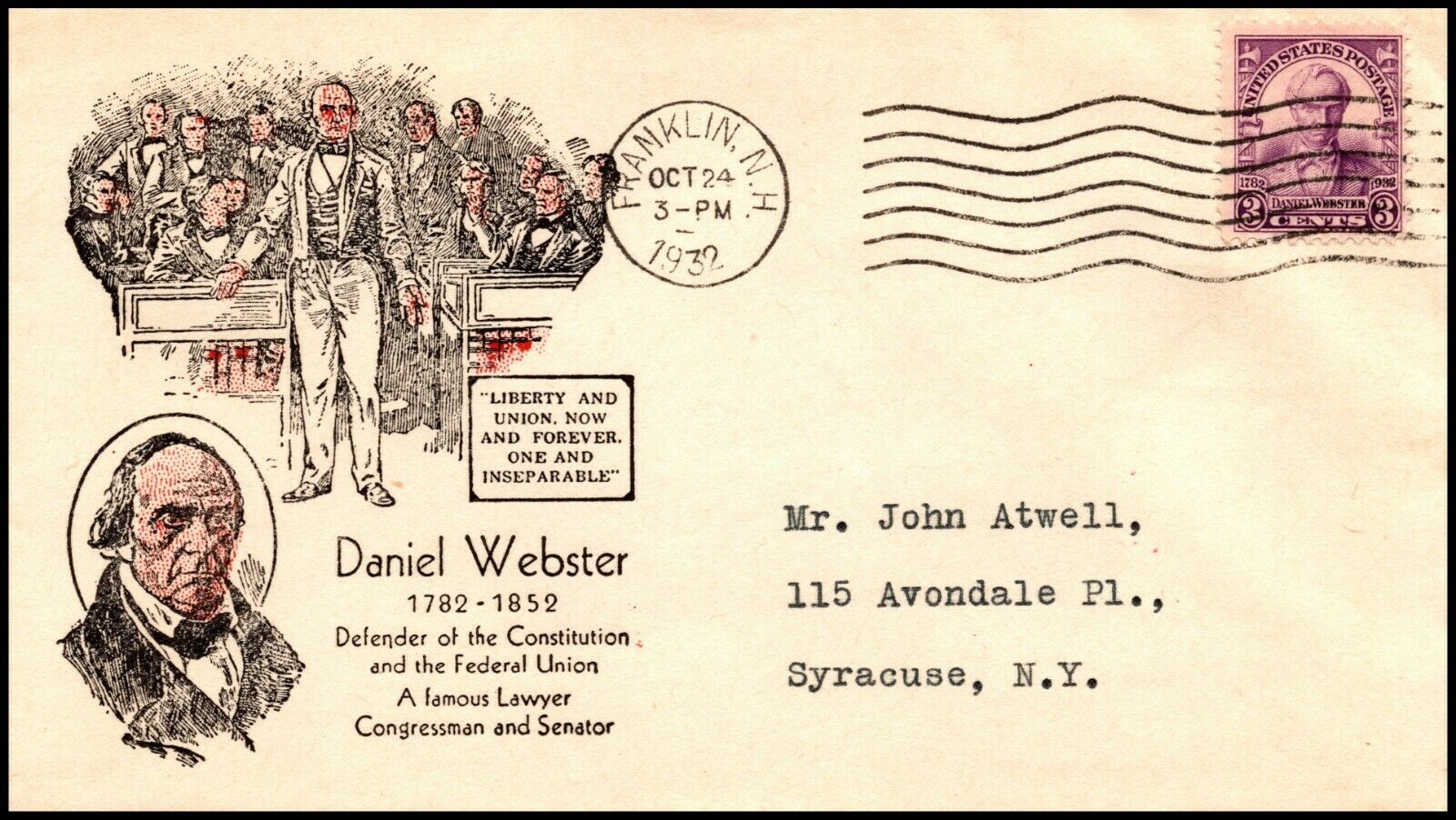 Scott 725 3 Cents Daniel Webster Ioor FDC Typed Address Planty 725-9 ...
