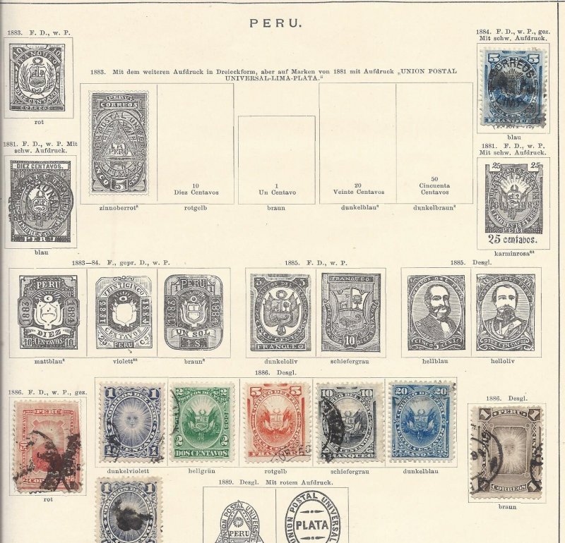 Peru 4ea Old (1860s to1880s) Album Pages w/ 29 Stamps - No faults noted ...
