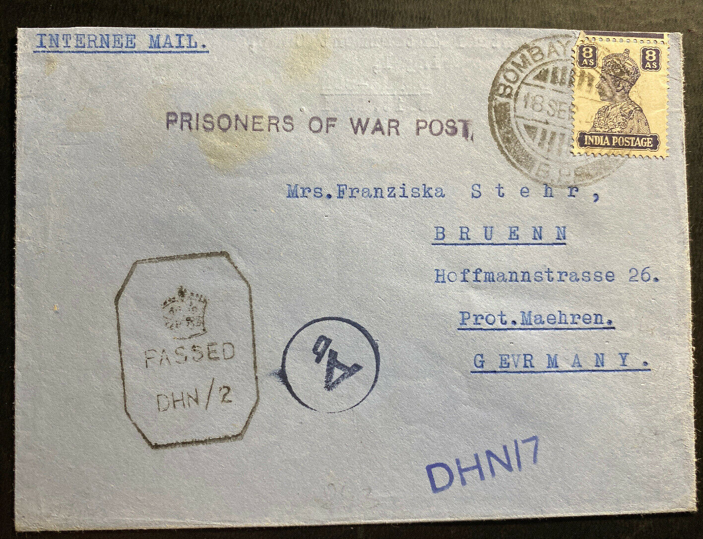 1943 Dehra Dun India POW Internment Camp Censored Cover to Bruenn ...