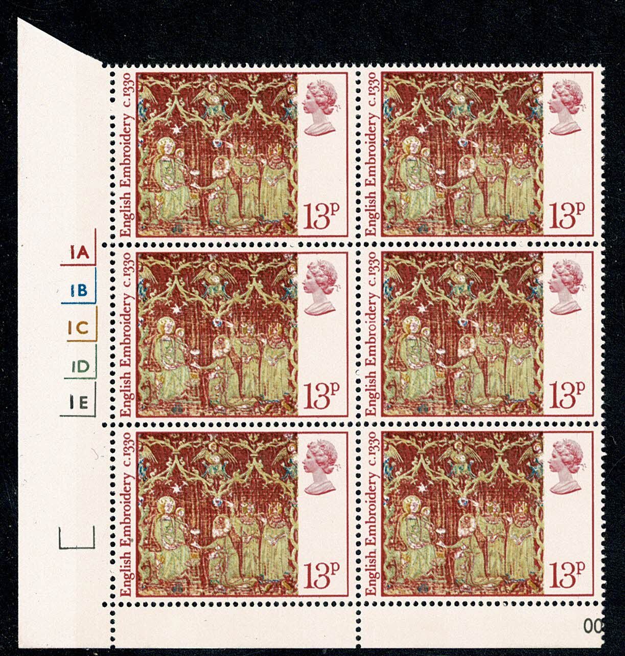 GB 1976 Christmas 13p Cyl. 1A 1B 1C 1D 1E no dot block of six. | Great ...