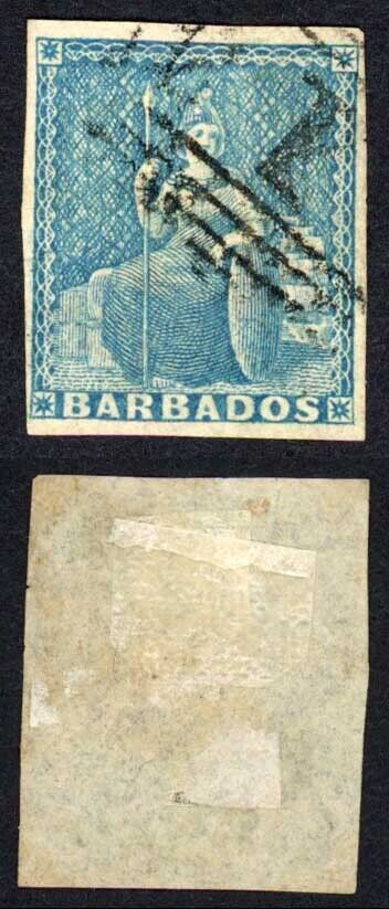 Barbados SG9 1855 1d Pale Blue on White Paper Four Margins Cat 70 ...