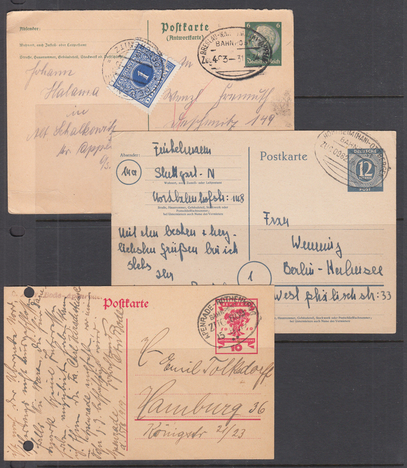 Germany, 3 different Postal Cards with BAHNPOST cancels, one Czech ...