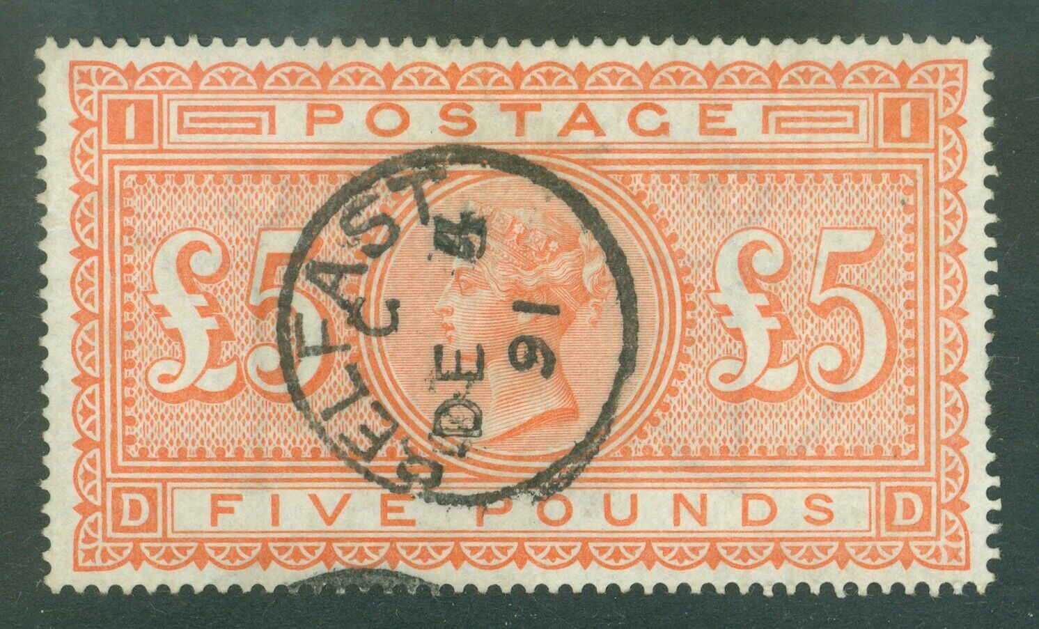 SG 137 £5 orange. Very fine used with a Belfast CDS, Dec 1891. Well ...