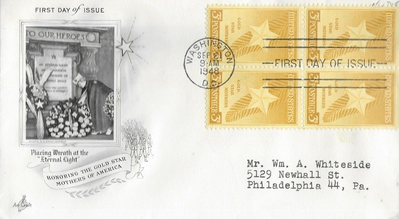 1948 FDC, #969, 3c Gold Star Mothers, Art Craft, block of 4 | United ...