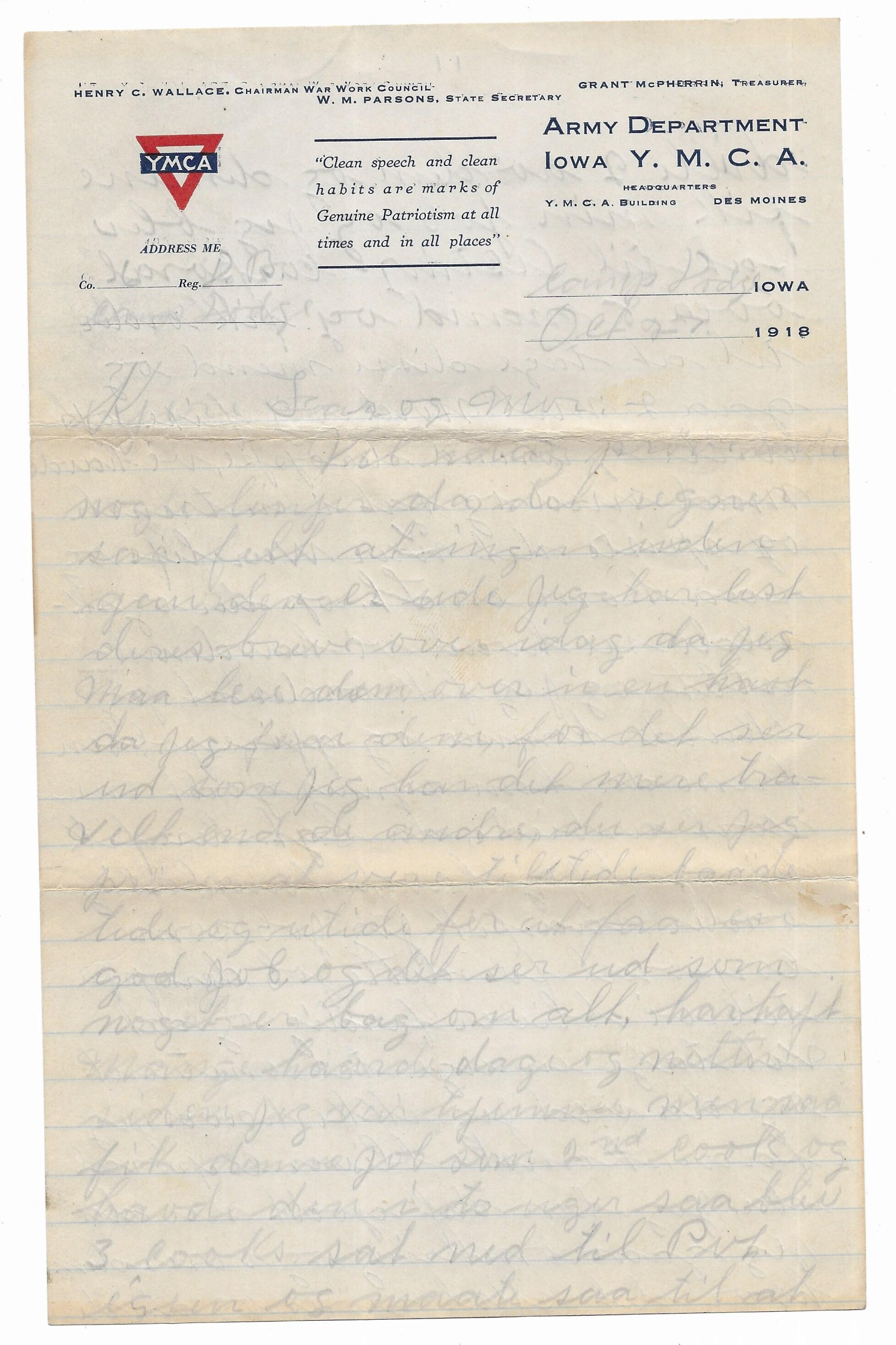 Des Moines, Iowa to Landa, North Dakota 1918 World War 1 YMCA Army Dept ...