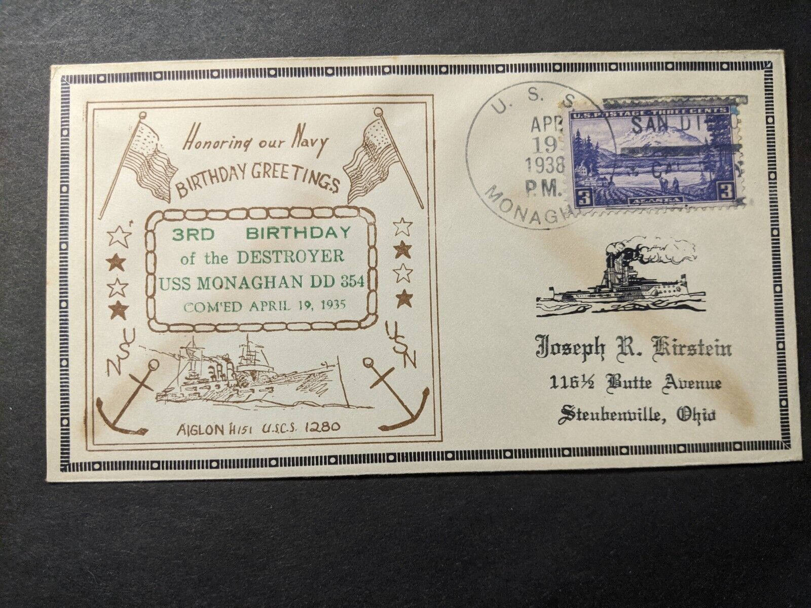 USS MONAGHAN DD-354 Naval Cover 1938 HORTON Birthday Cachet | United ...