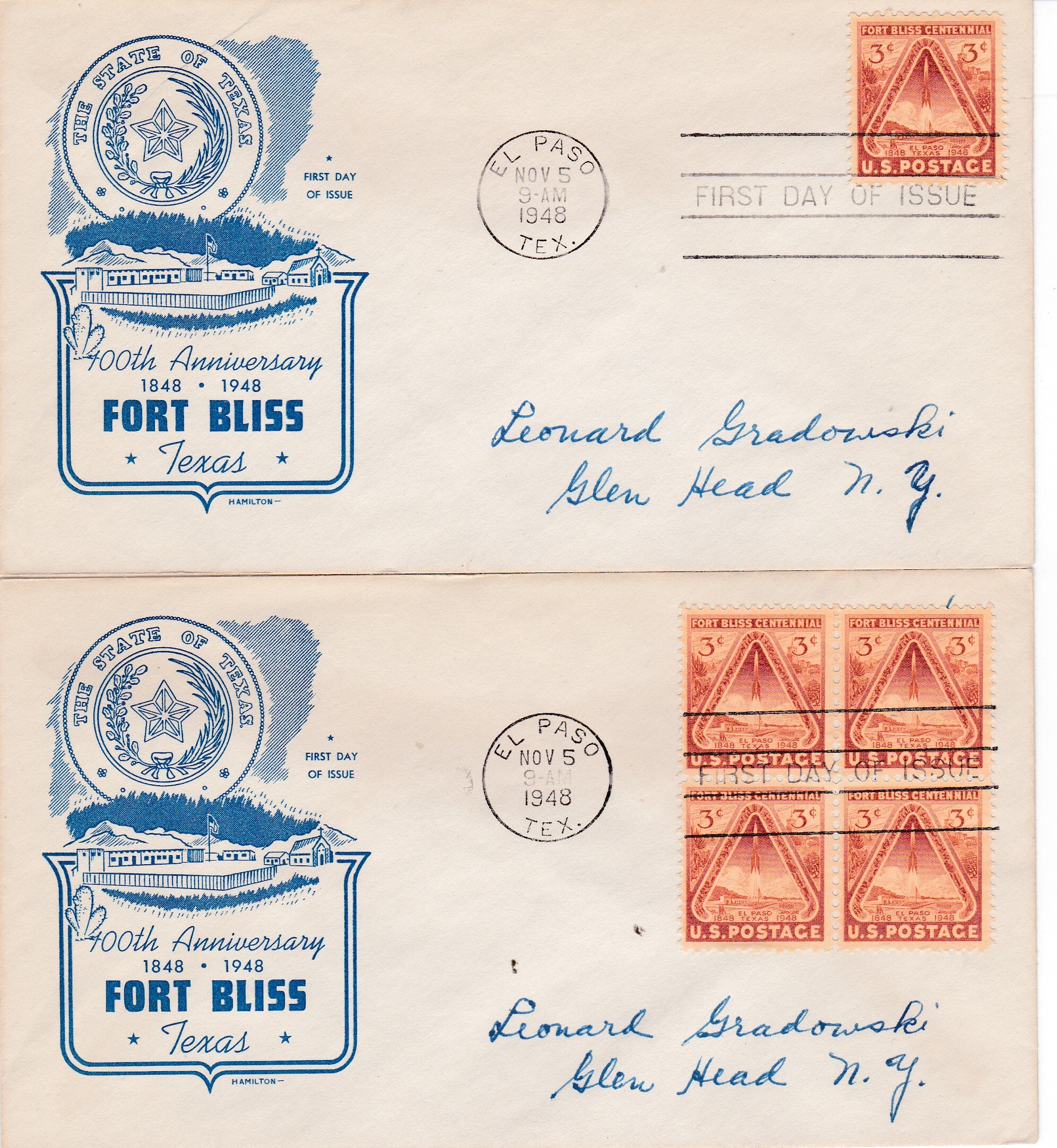 1948 FDC, #976, 3c Fort Bliss, Hamilton, single/block of 4 | United ...