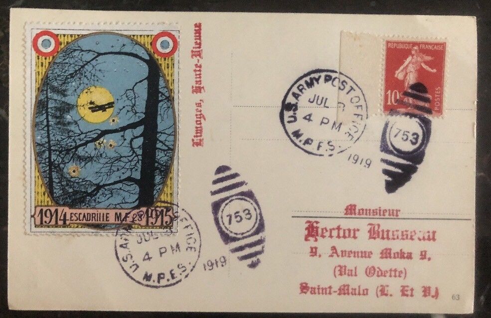 1919 France US Army Post Office Postcard Cover Escadrille MF 23 ...