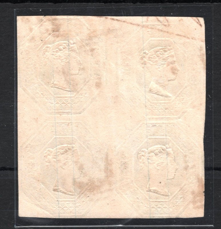 GB QV EMBOSSED SG.55 1s Green (1847) BLOCK OF FOUR Used Numerals Cat £ ...